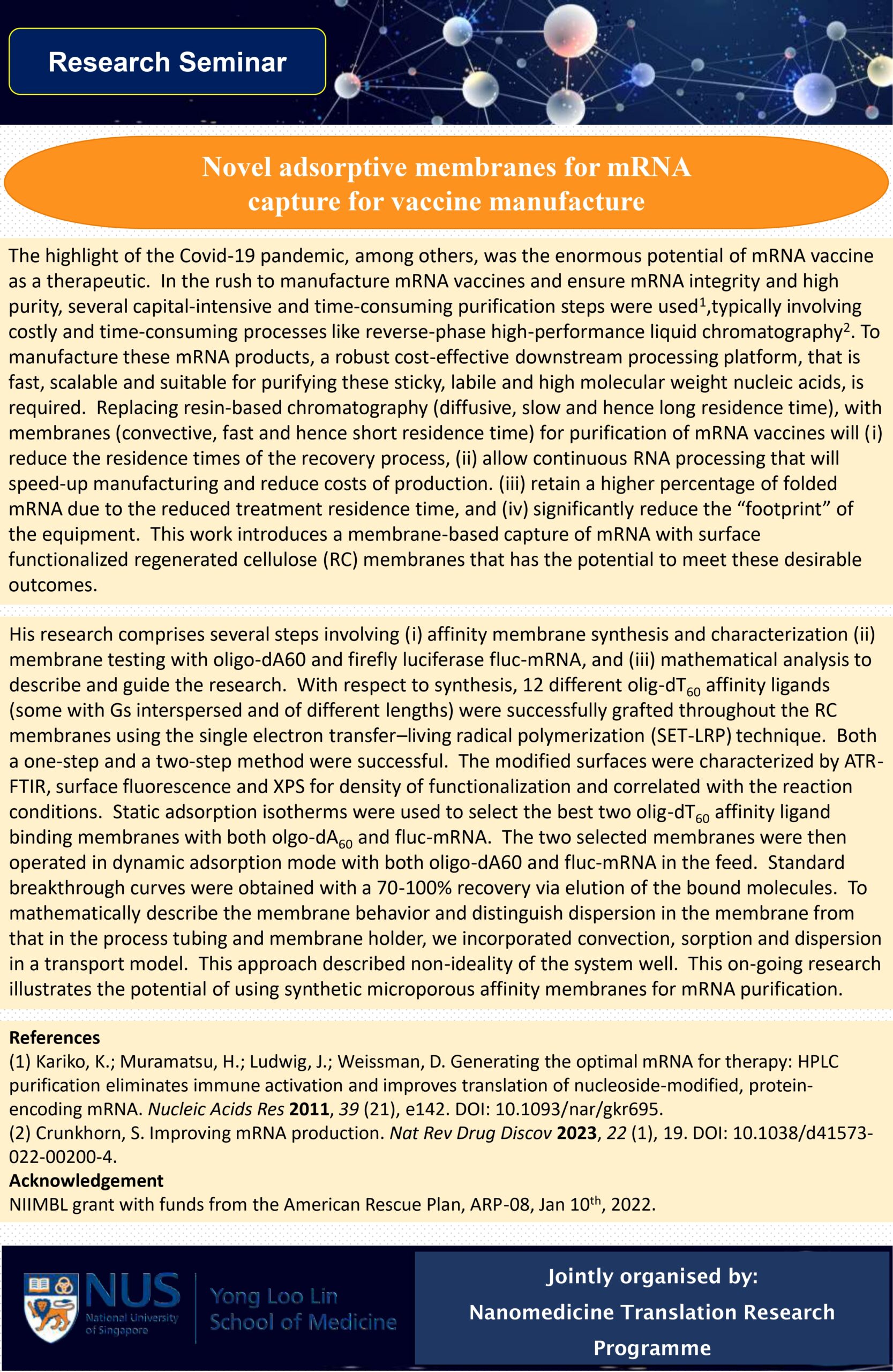 Novel adsorptive membranes for mRNA capture for vaccine manufacture - NUS - Nanomedicine